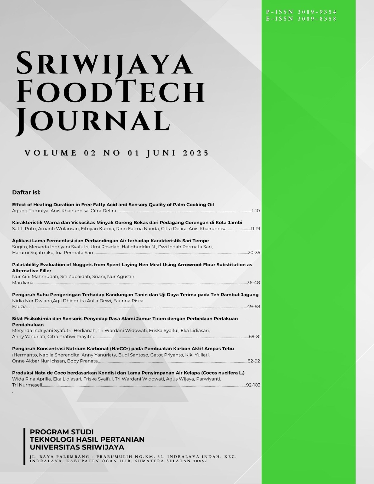 Vol. 2 No. 01 (2025): Sriwijaya Foodtech Journal | Sriwijaya FoodTech ...